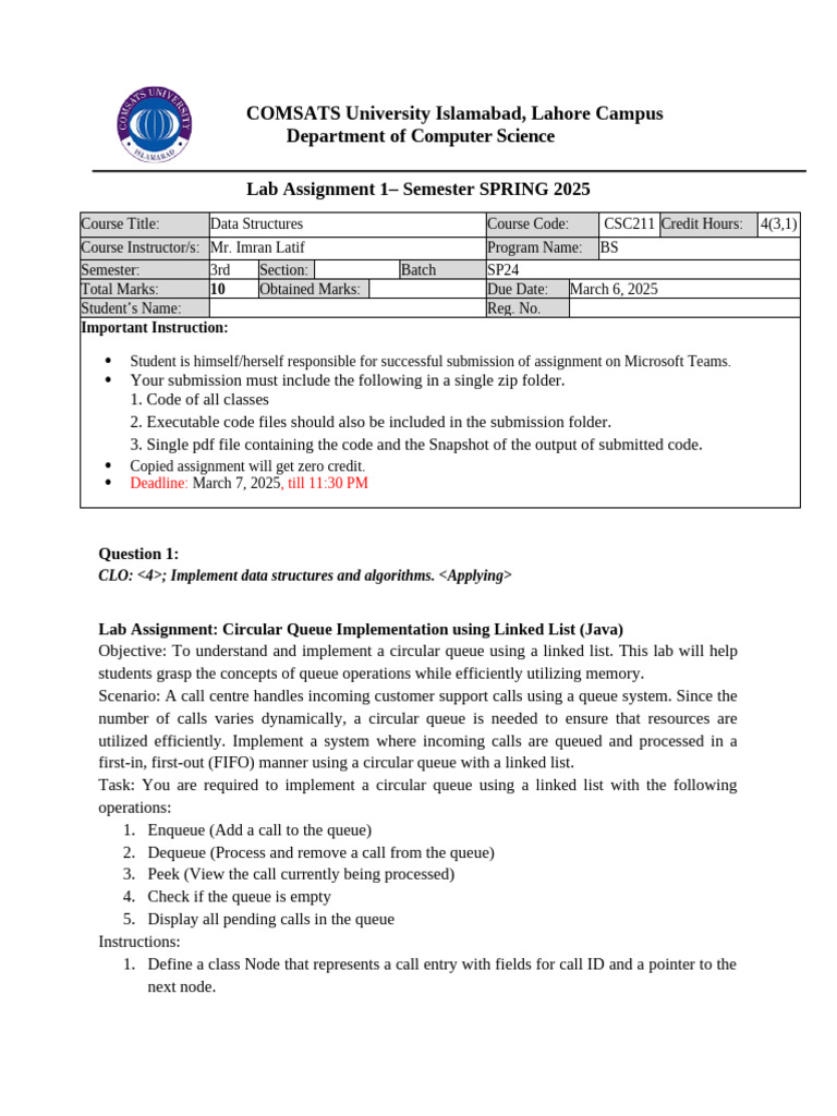 Lab Assignment - 1 Statement | PDF | Queue (Abstract Data Type ...