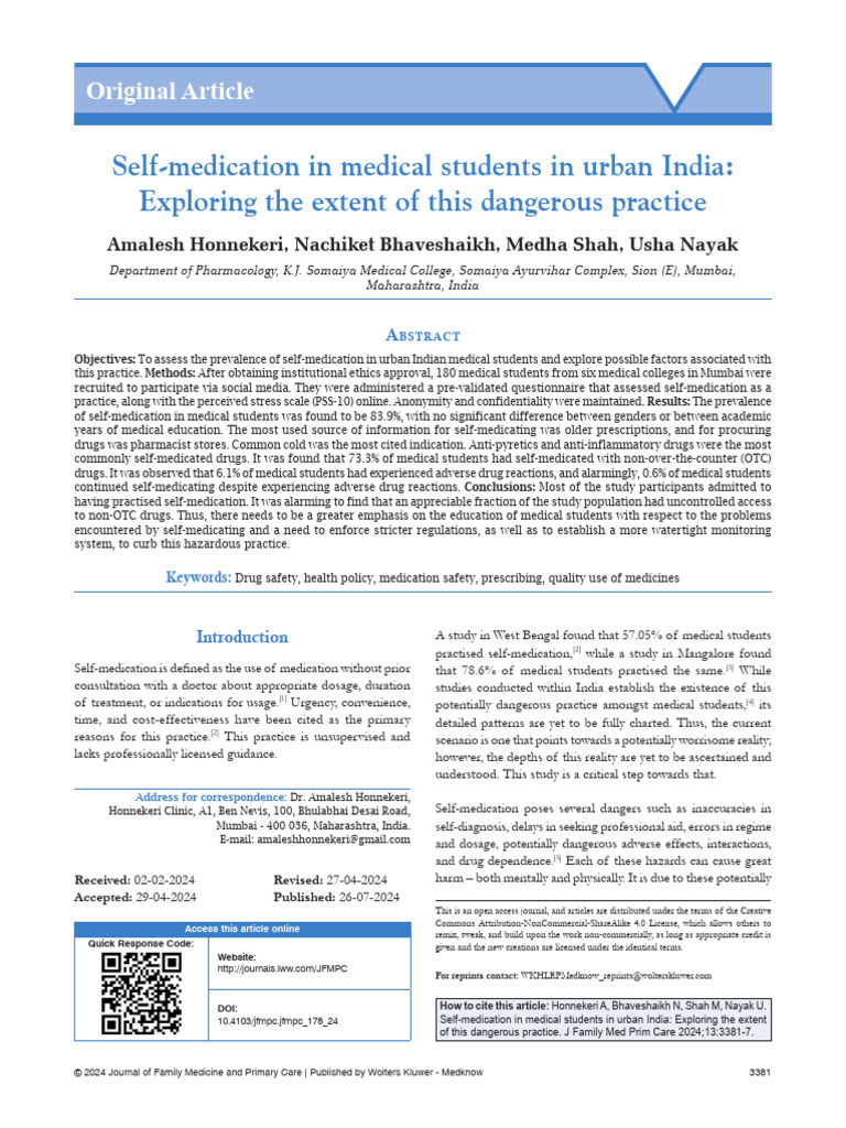 Self-Medication in Medical Students in Urban India | PDF | Medical ...