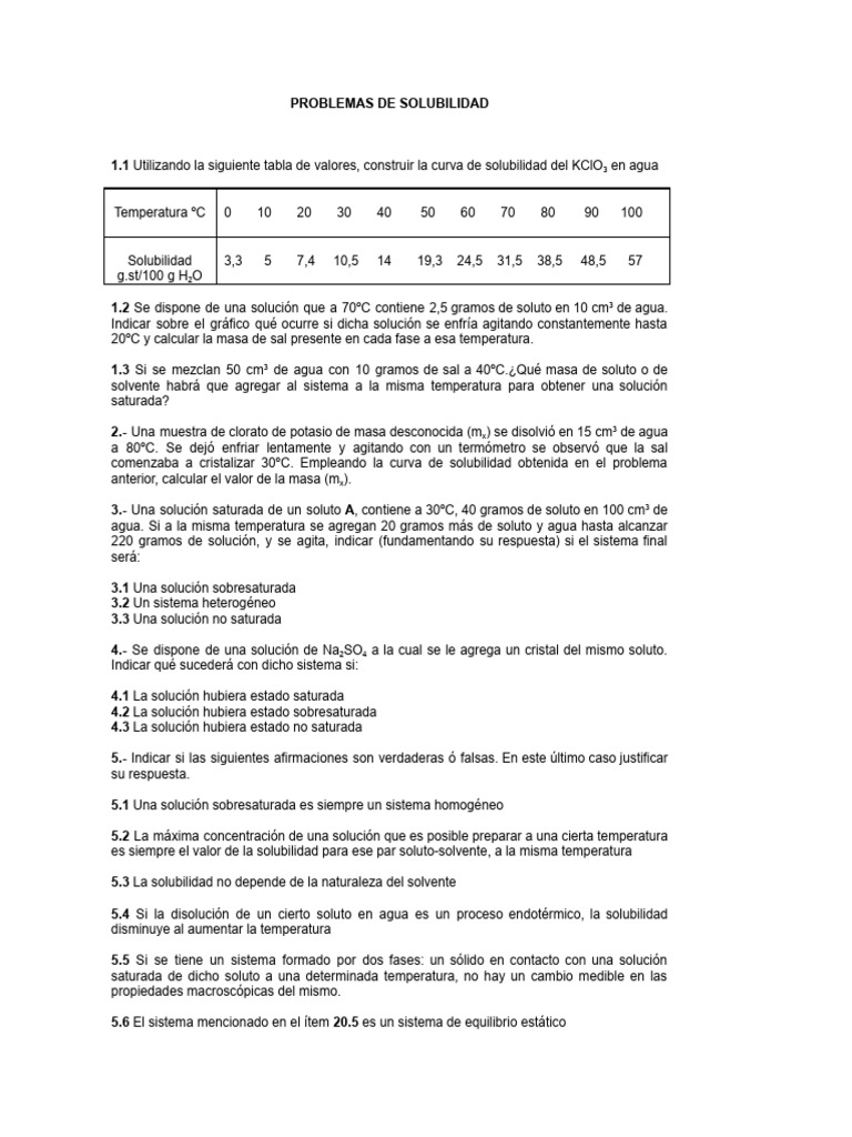 Ejercicios sobre problemas de solubilidad | PDF | Solubilidad ...