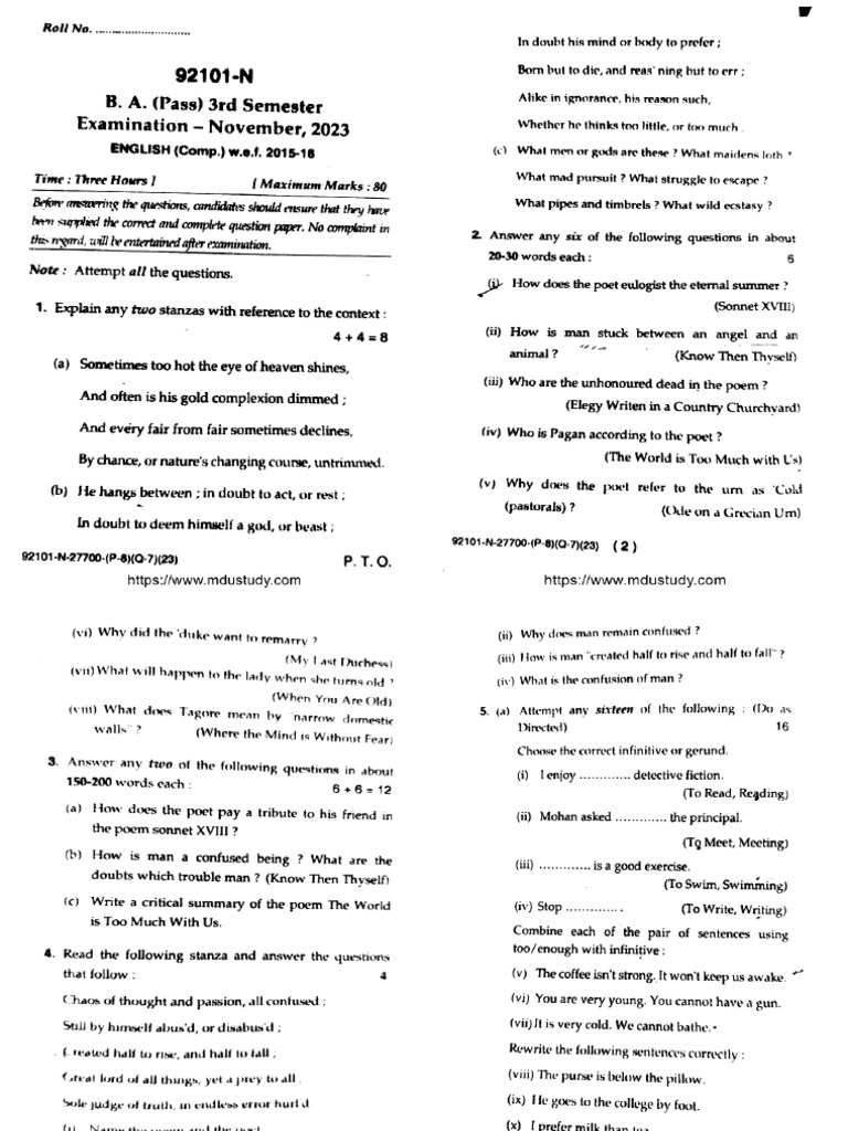 Ba 3 Sem English 92101 N Nov 2023 | PDF