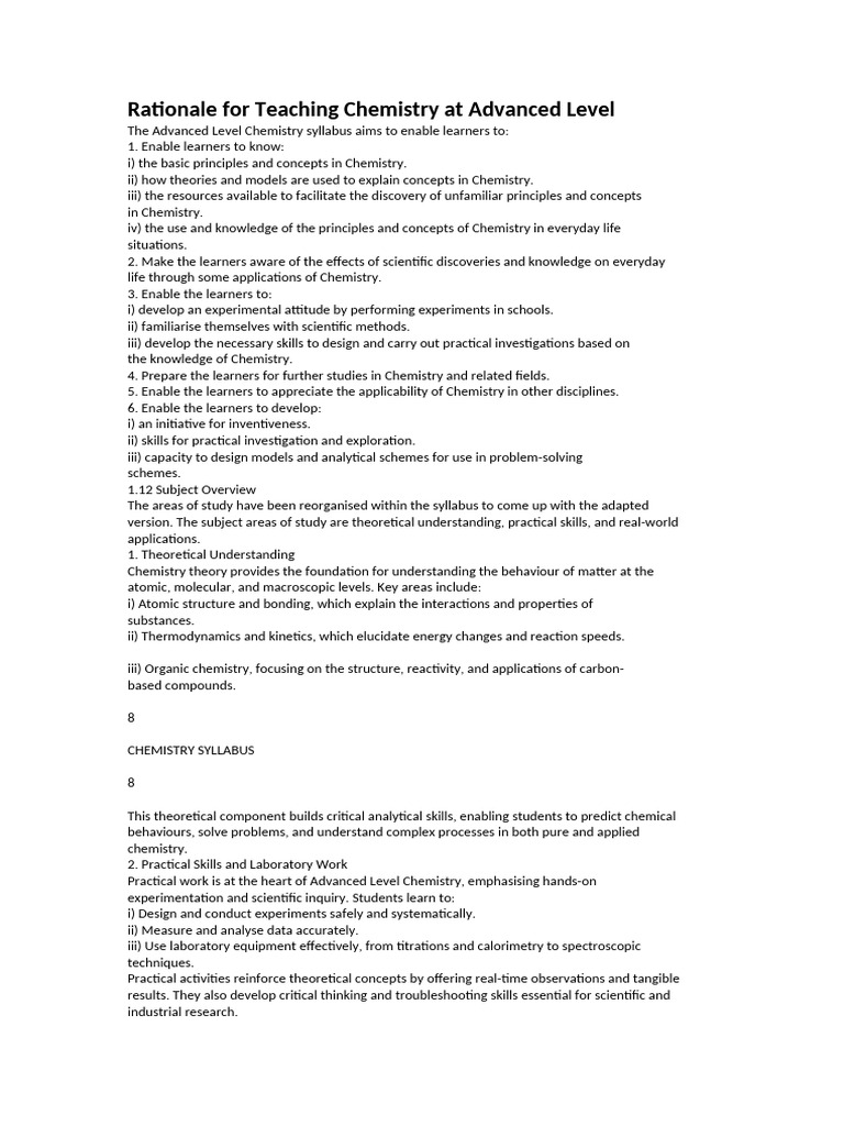 Rationale for Teaching Chemistry at Advanced Level | PDF | Chemistry ...