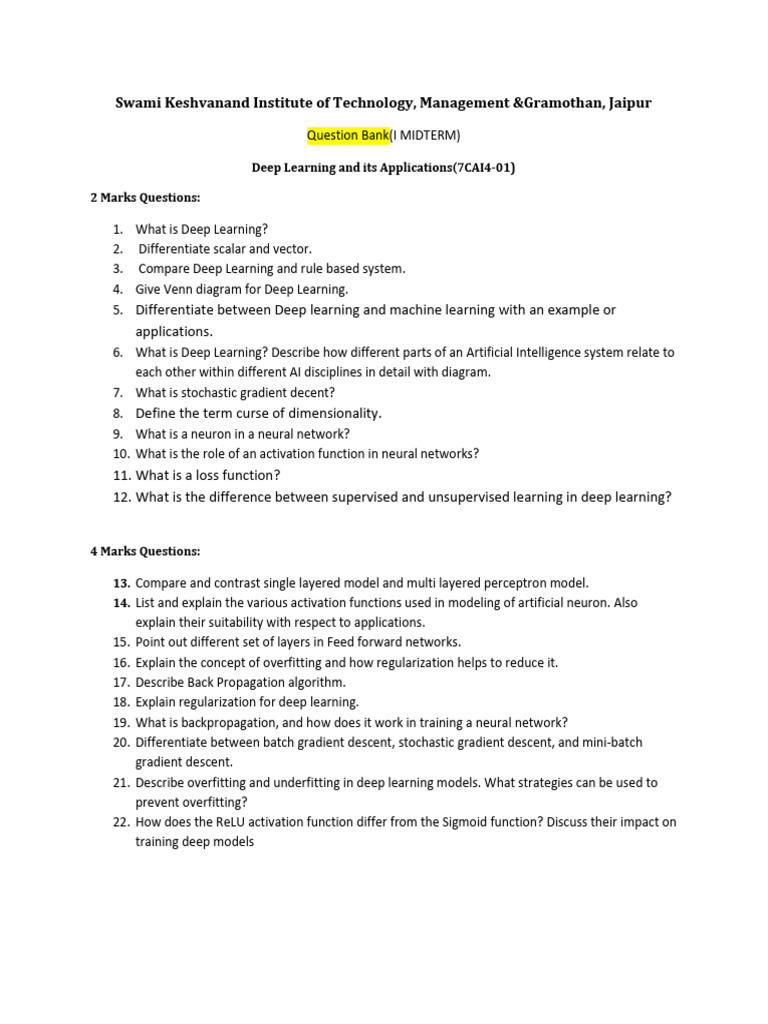 Deep Learning Question Bank for MIDTERM | PDF | Deep Learning ...