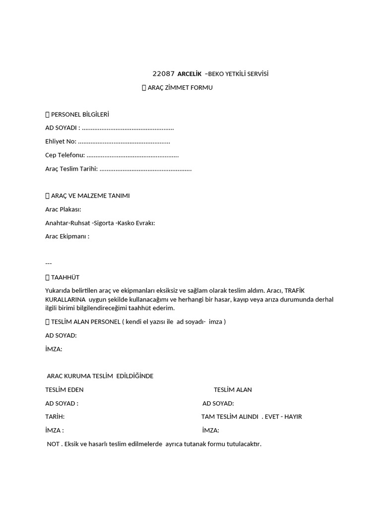 Arac Teslim Zimmet Formu | PDF