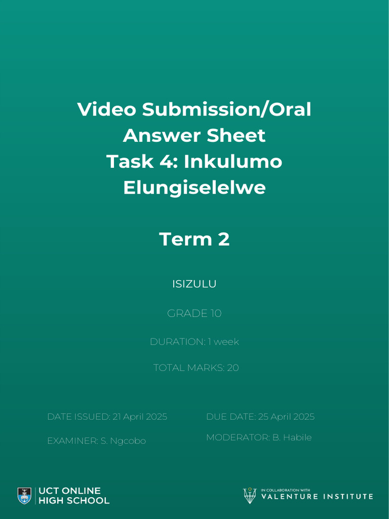 G10 IsiZulu Term 2 M11 Task4 Prepared Oral Video Submission Oral Answer Sheet | PDF | Plagiarism ...