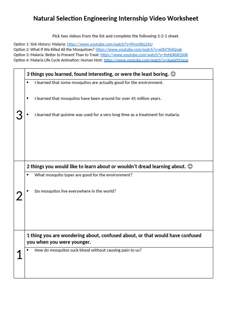 NS EI Malaria Videos Worksheet - 6 - 1 - 21 | PDF