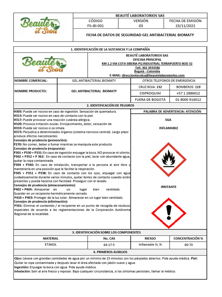 Fs-bl-001 Ficha de Seguridad Gel Antibacterial Biomaty | PDF | Agua | Concentración