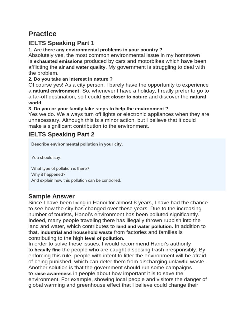 IELTS Speaking: Environment Insights | PDF | Climate Change | Pollution