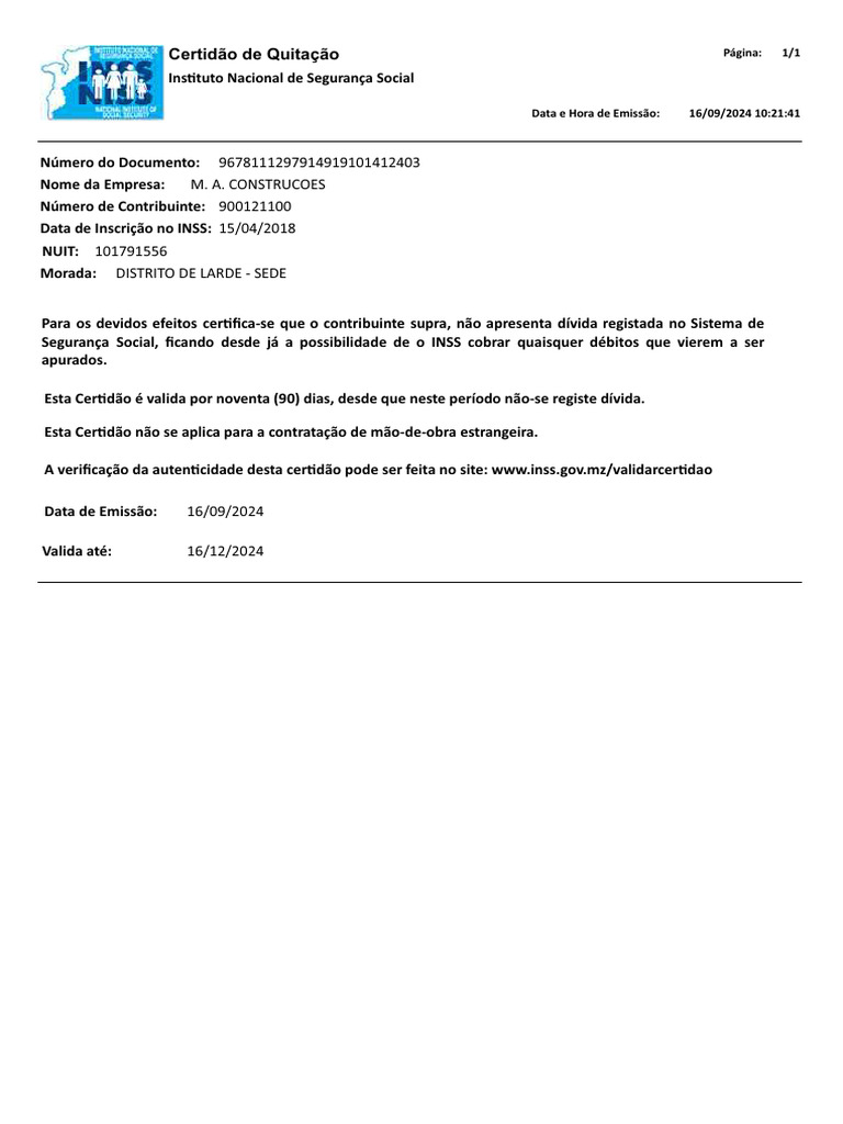 Quitacao Inss Sissmo M A Construcoes 2024 | PDF