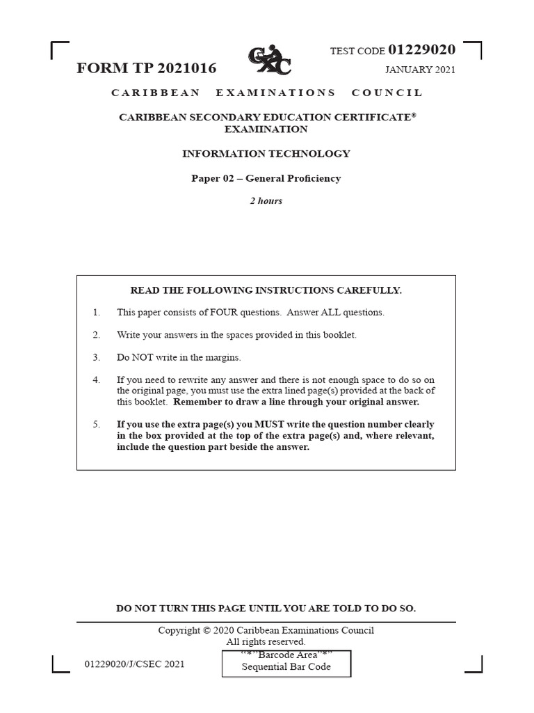 CSEC IT Exam Paper 2021 Guide | PDF | Spreadsheet | Barcode