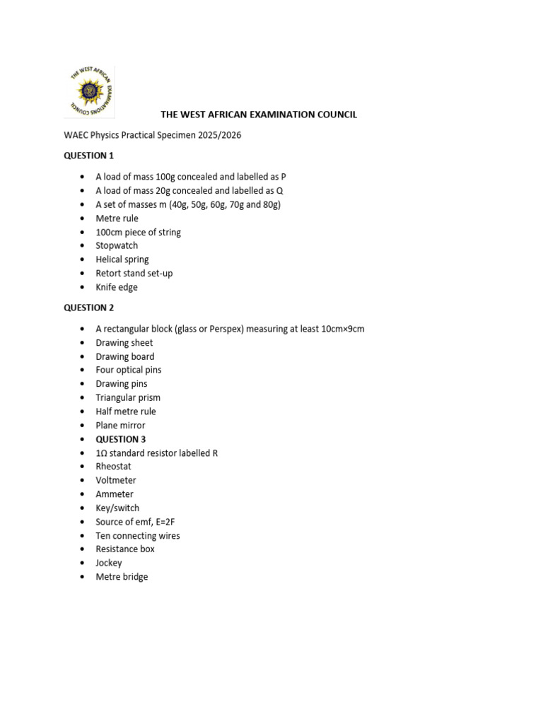 WAEC 2025 Physics Practical Specimen | PDF
