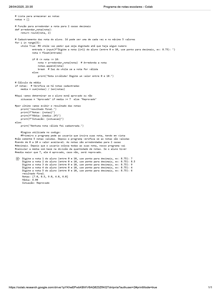 Programa de Notas Escolares - Colab | PDF