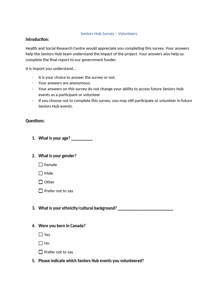 Volunteer Survey for Seniors Hub | PDF