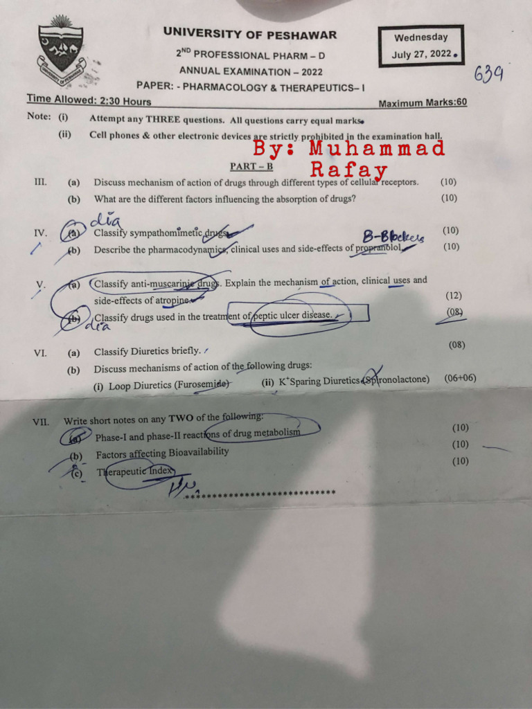 2nd Prof. Pharm.D Pastpapers 2022 by Muhammad Rafay | PDF