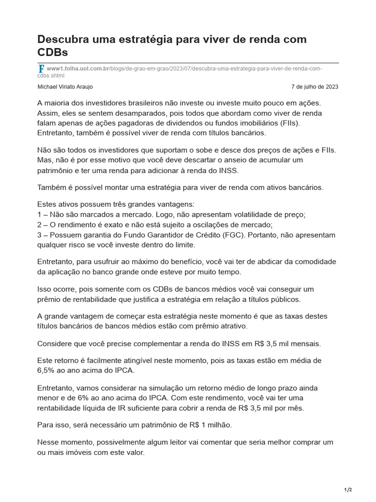 Descubra Uma Estratégia para Viver de Renda Com CDBs | PDF | Fundo de ...