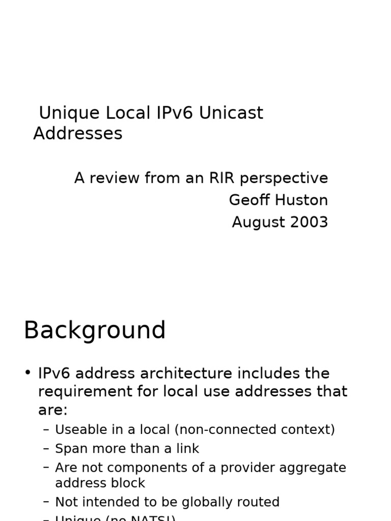 Unique Local IPv6 Address Overview | PDF | I Pv6 | Network Architecture