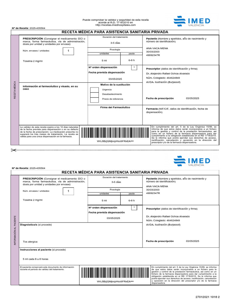 Toseina 2 MGML - PDF (ANA 03-05) | PDF | Prescripción médica | Farmacia