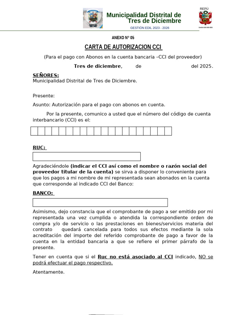 Anexo #05 - Carta de Autorizacion Cci - Modelo | PDF
