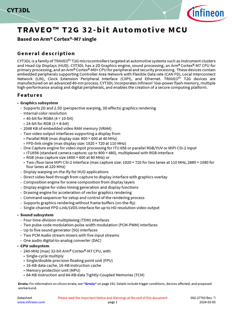 Infineon CYT3DL TRAVEO TM T2G 32 BIT AUTOMOTIVE MC-3422680 | PDF | Microcontroller | Computing