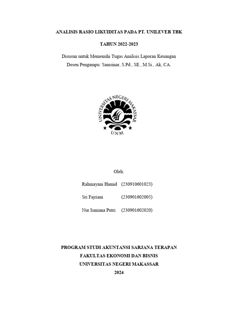 Analisis Rasio Likuiditas PT Unilever - Rahmayani Hamid - Sri Fajriani - Nur Ismiana Putri | PDF