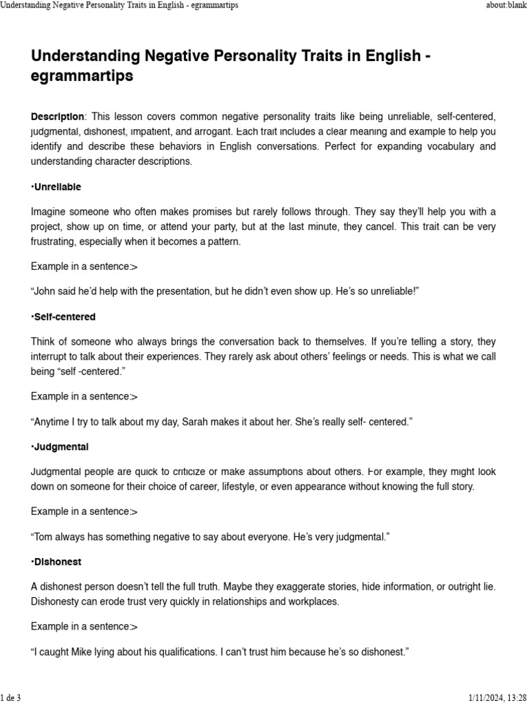 Negative Personality Traits Explained | PDF | Behavioural Sciences ...