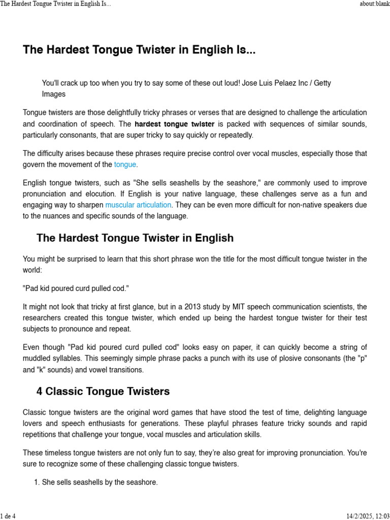 The Hardest Tongue Twister in English Is | PDF | Phonetics