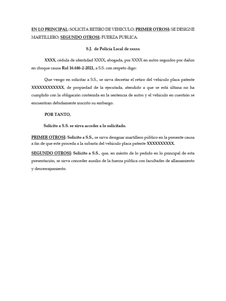 Solicitud de Retiro y Subasta de Vehículo | PDF