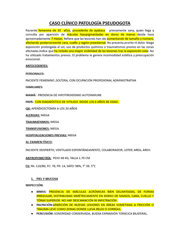 caso clinico vitiligo | PDF | Especialidades Medicas | Enfermedades y trastornos
