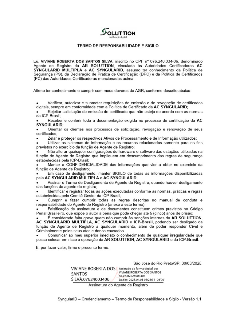 Termo de Responsabilidade e Sigilo PDF | PDF