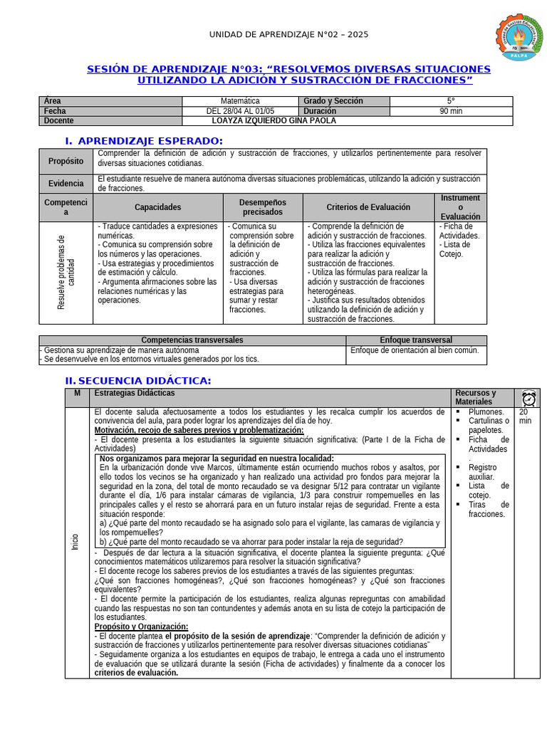 5°-Sesion 3-Ua1 - 2025 | PDF | Aprendizaje | Sustracción