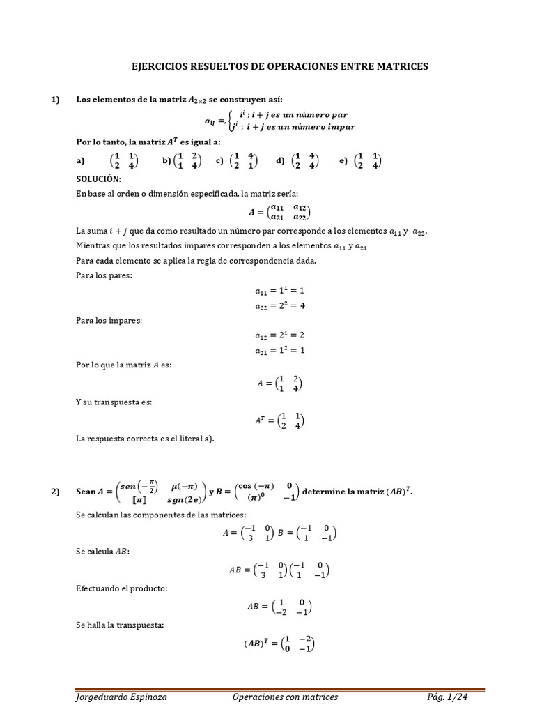 Ejercicios resueltos 6.2 - Operaciones con matrices | PDF | Matriz (Matemáticas) | Relaciones ...