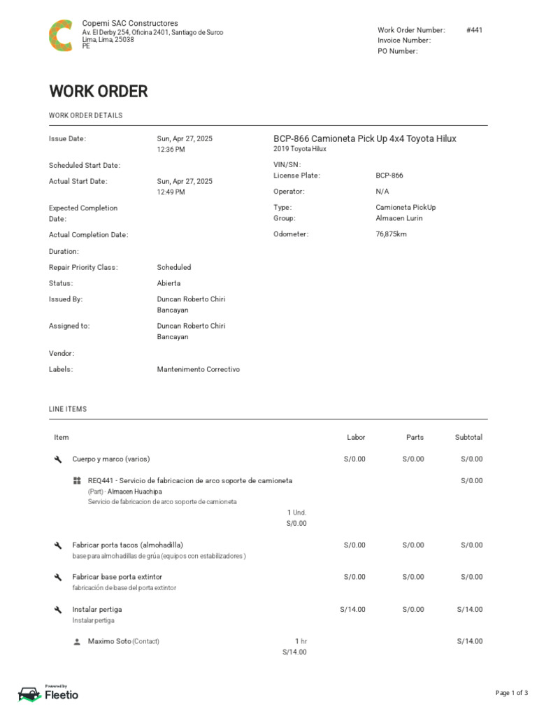 BCP-866 Work - Order - 441 | PDF | Vehículos terrestres | Vehículo de motor