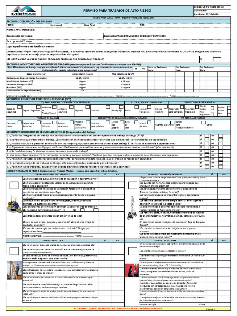 PERMISO PARA TRABAJOS DE ALTO RIESGO (1) | PDF