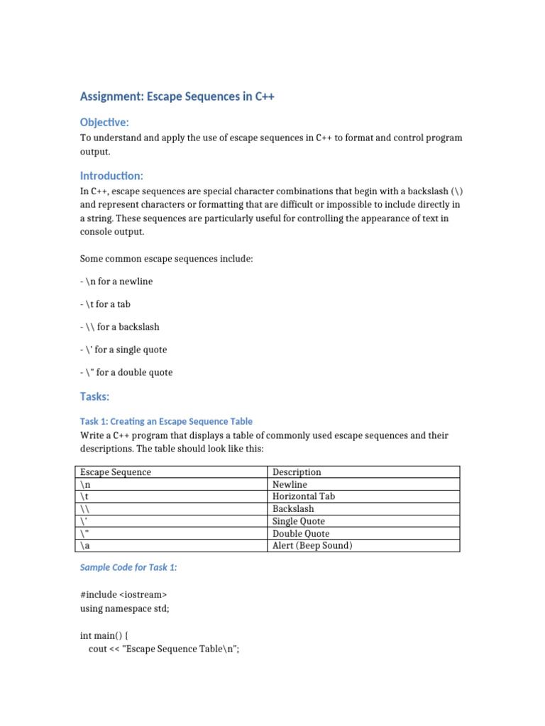 Escape Sequences Assignment | PDF | Namespace | Computer Programming