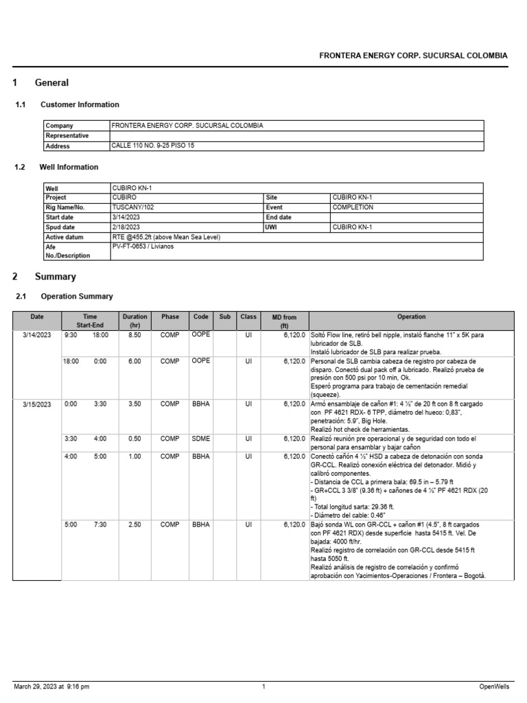 Operations Summary Report COM CubiroKN1 | PDF