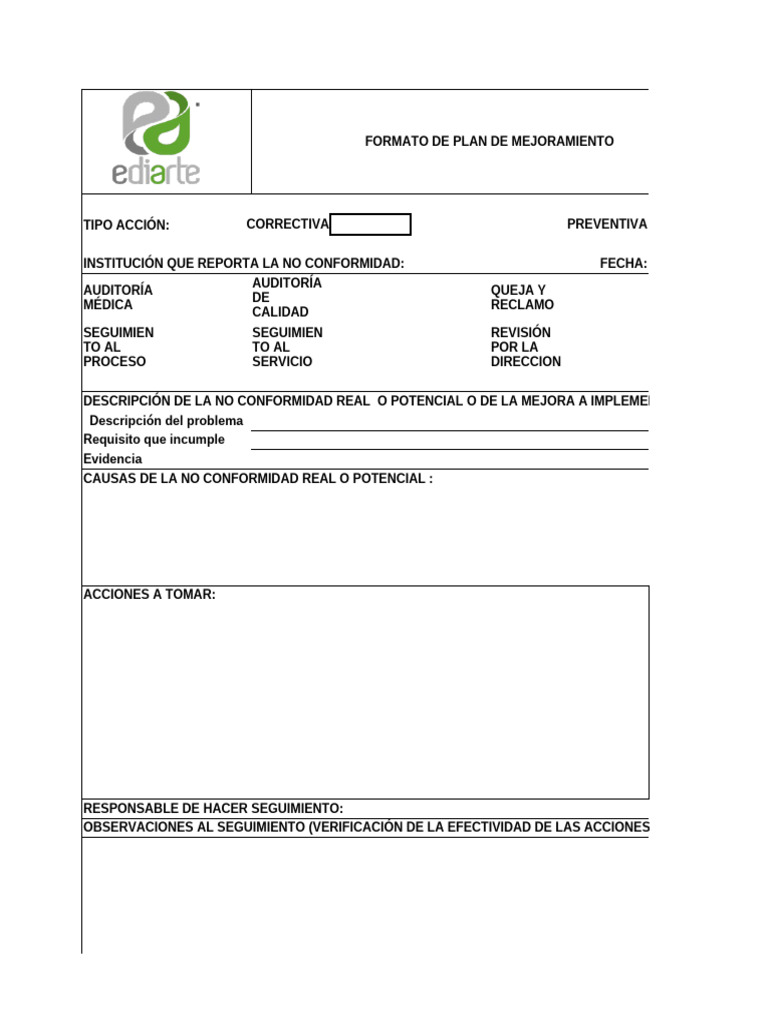 Formato de Plan de Mejoramiento | PDF