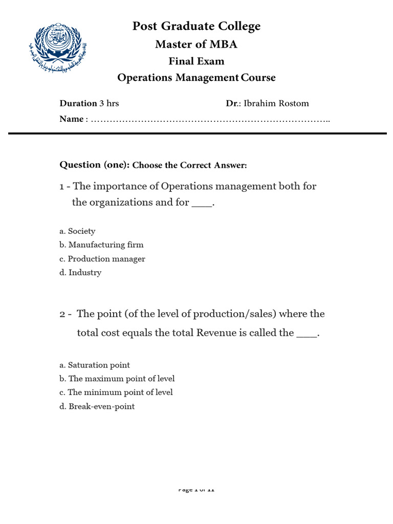 Operations Management Final Exam 8 | PDF | Forecasting | Operations Management