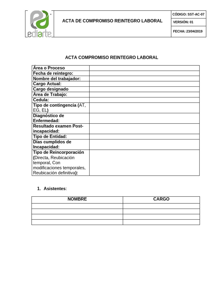Acta Compromiso Reintegro Laboral | PDF