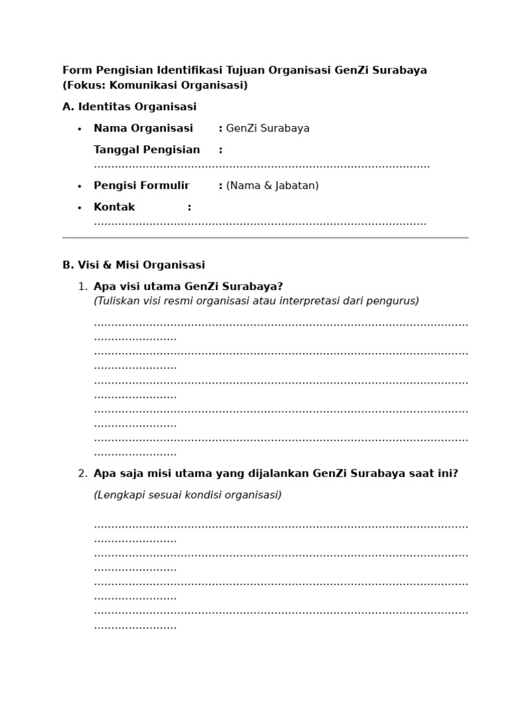 Form Pengisian Identifikasi Tujuan Organisasi GenZi Surabaya | PDF