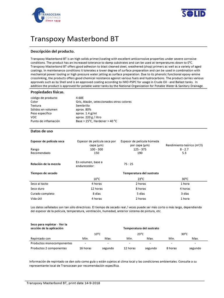 Transpoxy Masterbond BT ES | PDF | Pintar | Agua