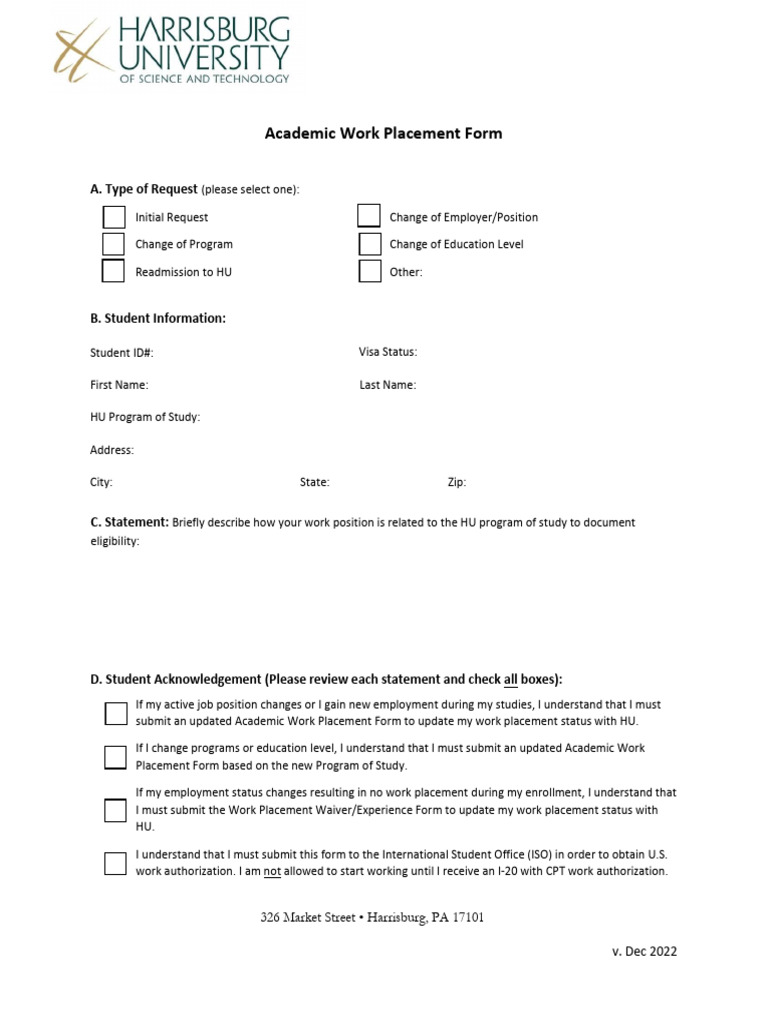 Academic Work Placement Form 2.23 | PDF | Signature