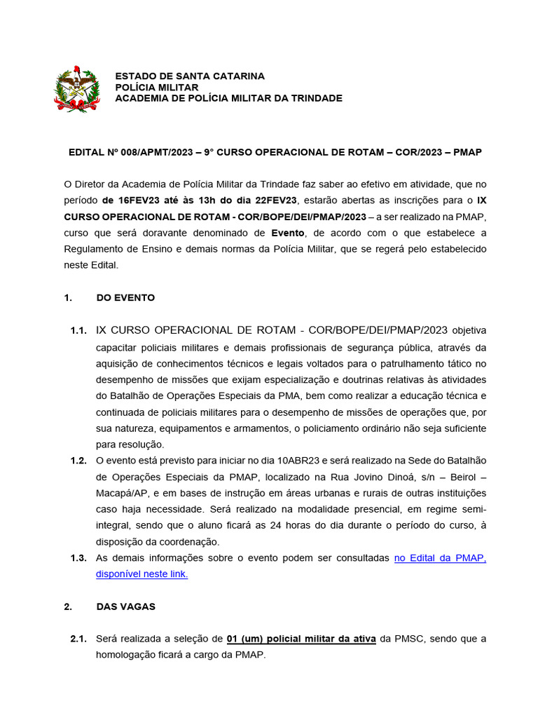 Edital #08 Apmt 2023 - 9° Curso Operacional de Rotam-Cor2023 - Pmap | PDF | Polícia