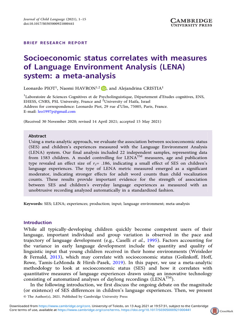 Socioeconomic Status Correlates With Measures of Language Environment ...
