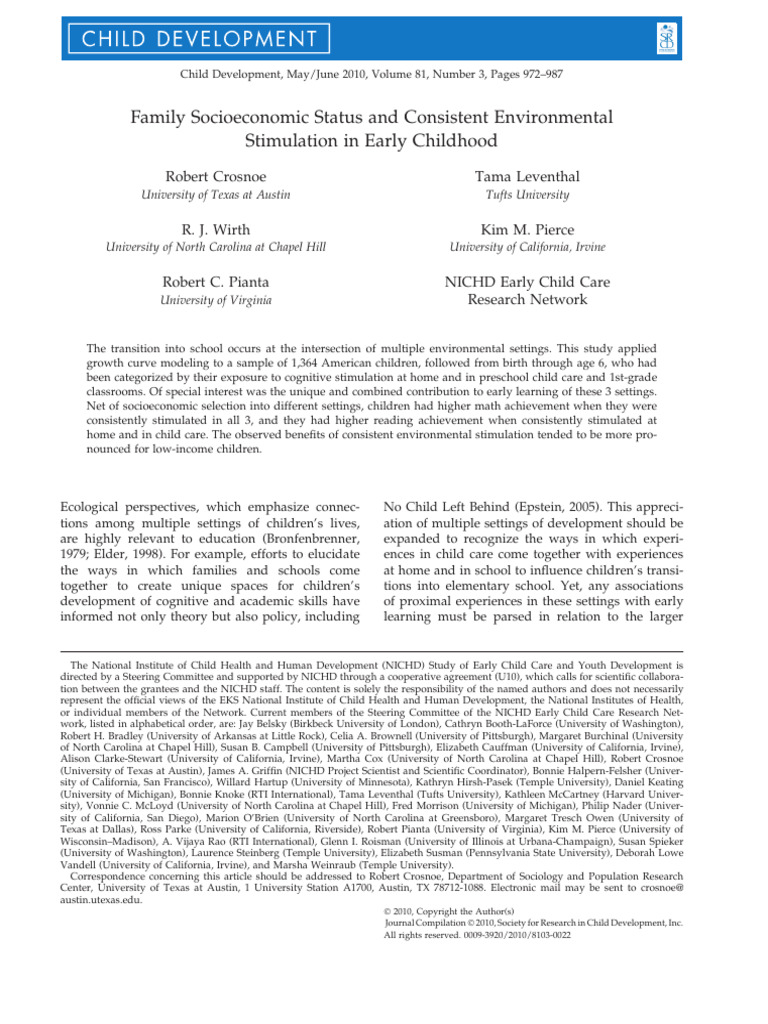 Family Socioeconomic Status and Consistent Environmental Stimulation in ...
