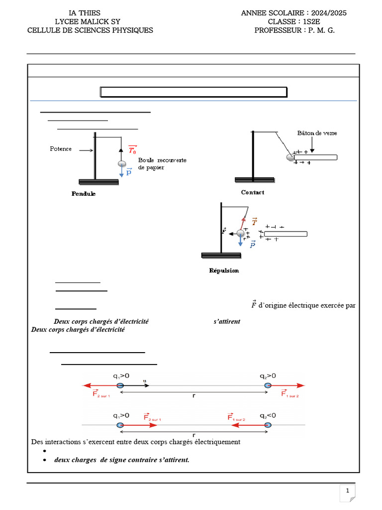 Force et champ électrostatiques 1S | PDF | Champ électrique ...