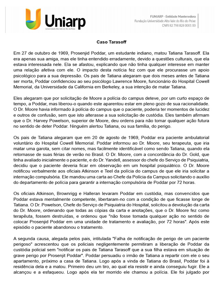 Caso Tarasoff: O Dilema da Confidencialidade | PDF | Psiquiatria ...