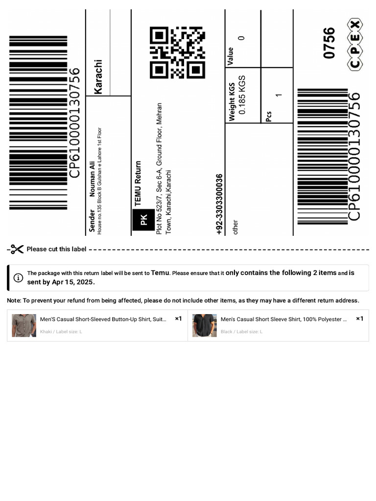 Temu Return Instructions for Shirts | PDF