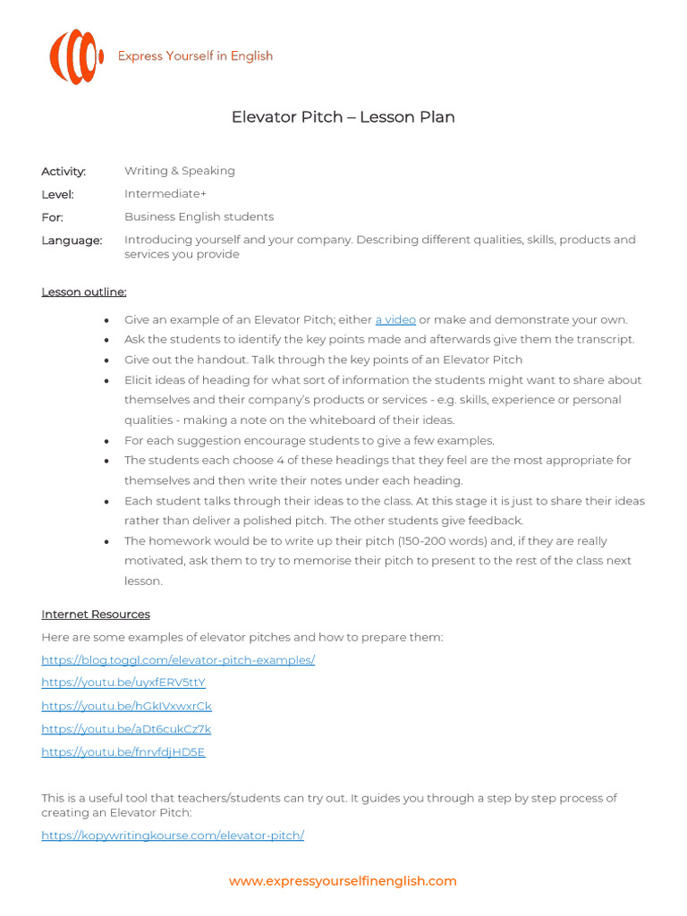 EYE ElevatorPitch LessonPlan | PDF