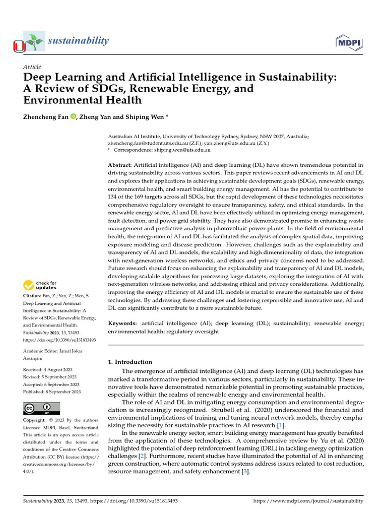Deep Learning and Artificial Intelligence in Sustainability Areviewof ...