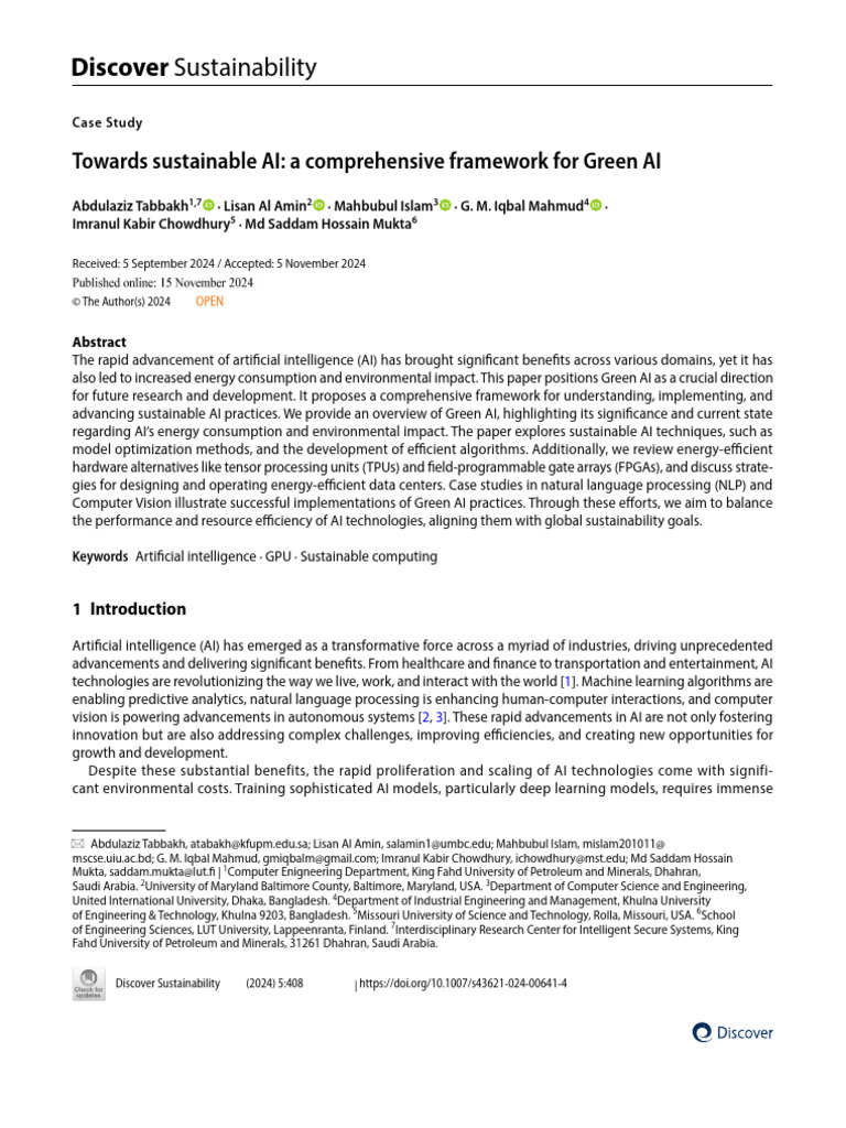 Towards Sustainable Ai A Comprehensive Framework For Green Ai Pdf