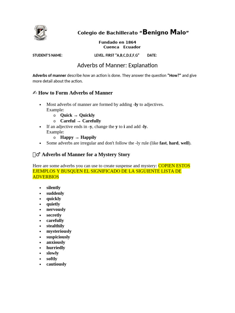 Adverbs of Manners Explanation | PDF